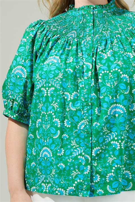 Alina Floral Smocked Mock Neck Top Curve Sugarlips