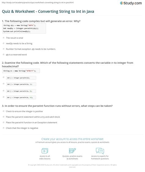 Quiz And Worksheet Converting String To Int In Java