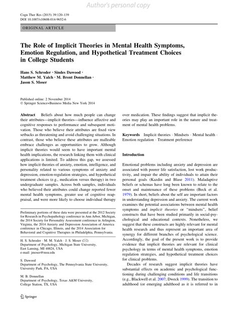 Pdf The Role Of Implicit Theories In Mental Health Symptoms Emotion Regulation And