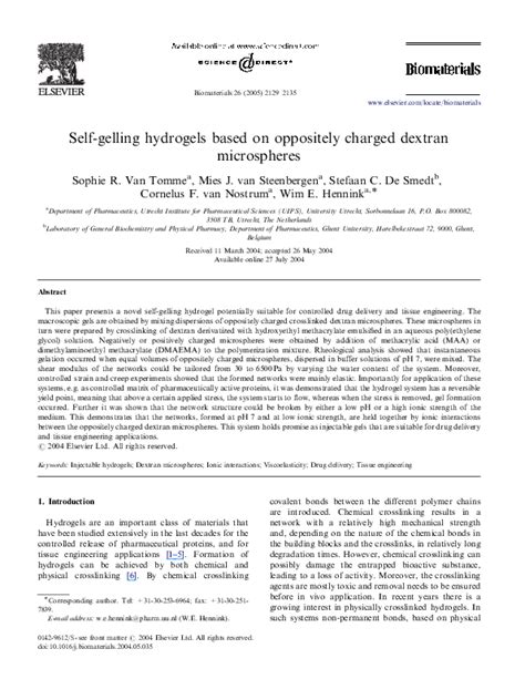 Pdf Self Gelling Hydrogels Based On Oppositely Charged Dextran Microspheres