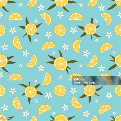 레몬 완벽 한 패턴입니다 푸른 여름 배경에 나뭇잎이 있는 레몬 조각 비타민 C 벡터 일러스트 레이 션 감귤류 과일에 대한 스톡 벡터 아트 및 기타 이미지 Istock