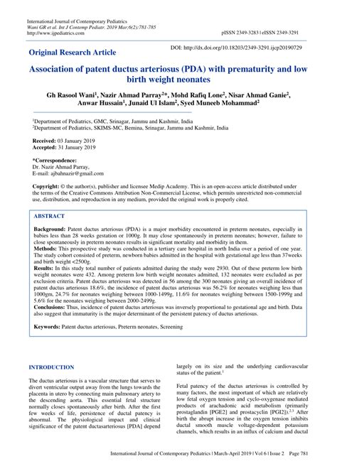 Pdf Association Of Patent Ductus Arteriosus Pda With Prematurity And Low Birth Weight Neonates