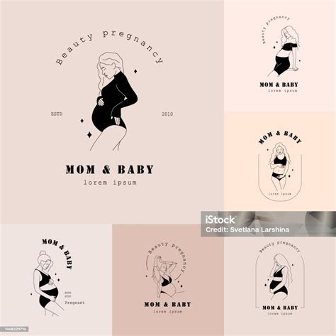 출산 병원을 위한 로고의 집합입니다 임산부와 로고 타입 선형 스타일의 현대적인 미니멀리스트 여성 인물 현대 벡터 손으로 그린 그림입니다 클리닉 센터 및 건강 관리 임신에