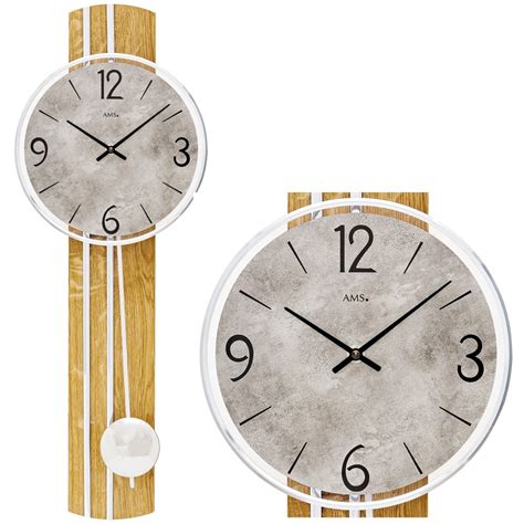 AMS 7466 Wanduhr Quarz Mit Pendel Pendeluhr Holz Wildeiche Optik Mit Glas