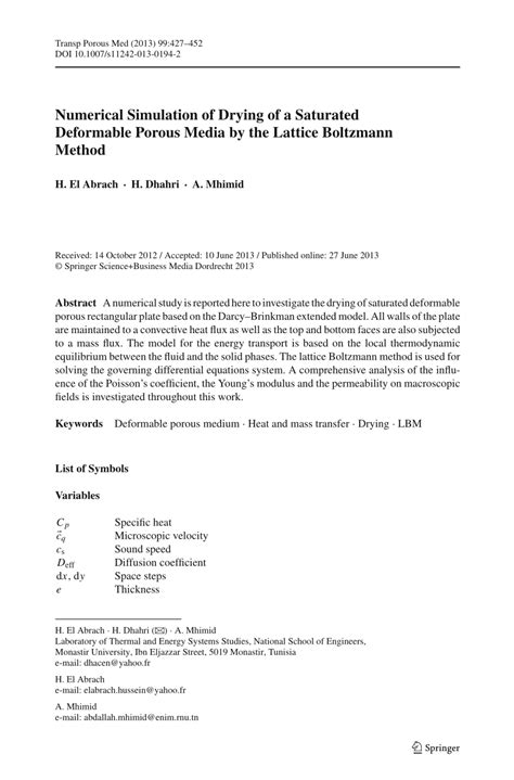 Pdf Numerical Simulation Of Drying Of A Saturated Deformable Porous Media By The Lattice