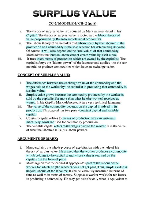 Surplus Value Cc 2 Module 1 Ch 2 Part I The Theory Of Surplus Value Is Discussed By Marx