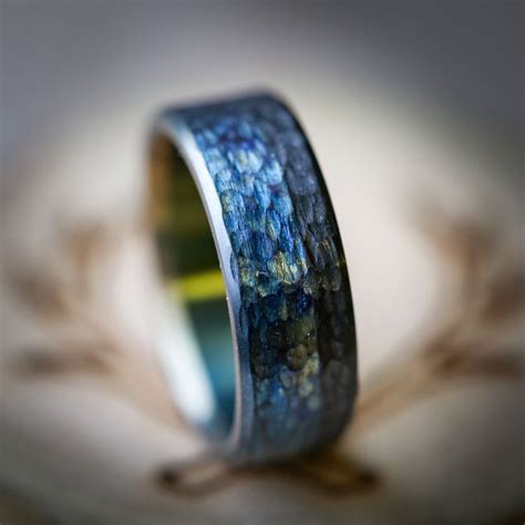 Fire Treated Titanium Wedding Ring With Black Zirconium Overlay And Hammered Finish Mens Wedding