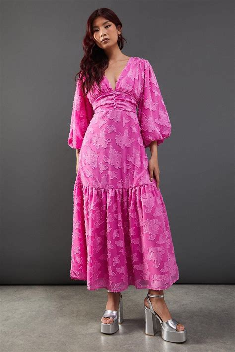Dresses Burnout Chiffon Plunge Neck Ruched Bodice Peplum Midi Dress