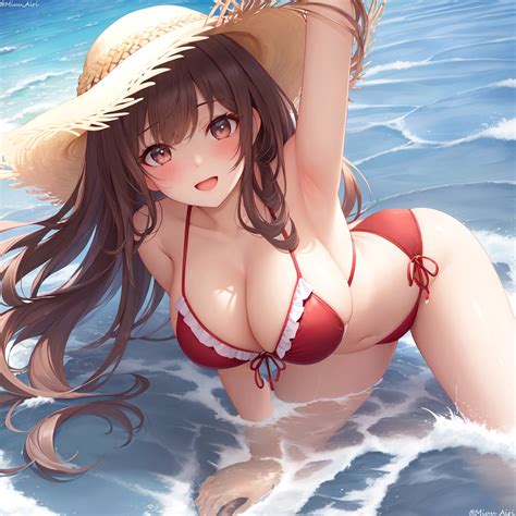 美羽あいりaiイラスト On Twitter 夕方の投稿になります。 本日も一日、お疲れ様でした🌟 波打ち際で遊んでいる茶髪のお姉さん