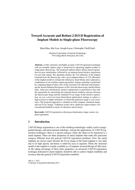 Pdf Toward Accurate And Robust 2 D 3 D Registration Of Implant Models To Single Plane Fluoroscopy