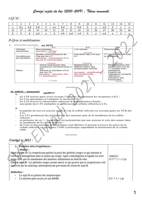Bac Sc expérimentales Sciences SVT Sujets du bac corrigés Immunité