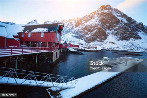 멀리 피요르드와 산의 해안에 서 전통적인 노르웨이어 목조 주택 Rorbu 로포텐 제도 노르웨이 세계 여행n 0명에 대한 스톡