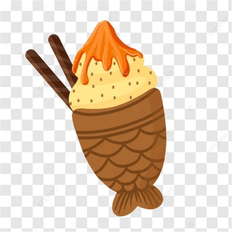카라멜 소스와 바삭 바삭한 초콜릿 스틱을 얹은 생선 모양의 원뿔에 일본 타이 야키 아이스크림 달콤한 유쾌한 간식 음식 삽화 붕어빵 아이스크림 일본 디저트 Png