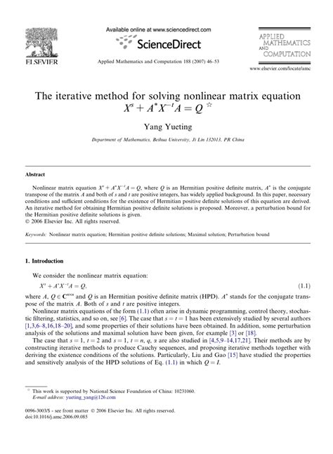 Pdf The Iterative Method For Solving Nonlinear Matrix Equation X Sa