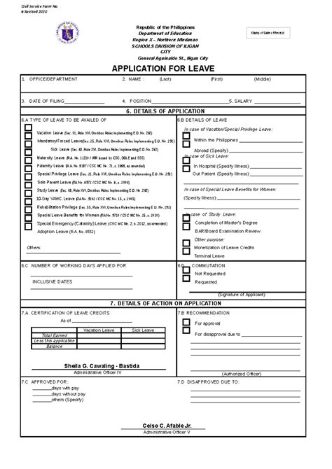 Application Of Leave Form Civil Service Form No Revised