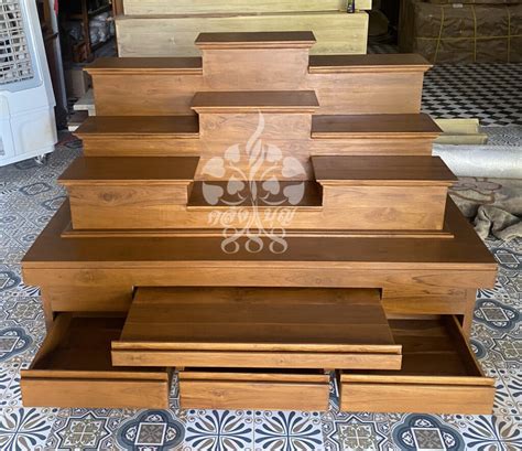 โต๊ะหมู่โมเดิร์น ขนาดลึก80ยาว150 สูง100ซม มือดึงบากบนยาว สีสักน้ำผึ้ง แท่นวางพระ9 18นิ้ว รวม