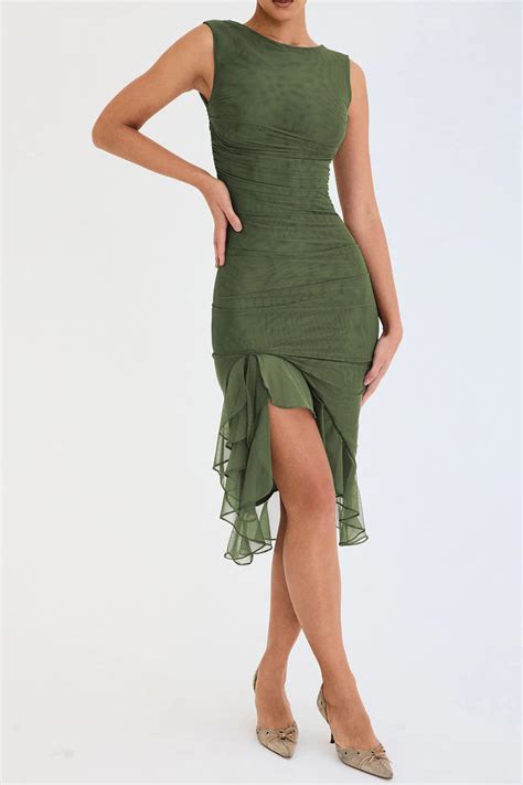 Ruffle Ruched Backless Sleeveless Irregular Midi Dress Ibuyxi