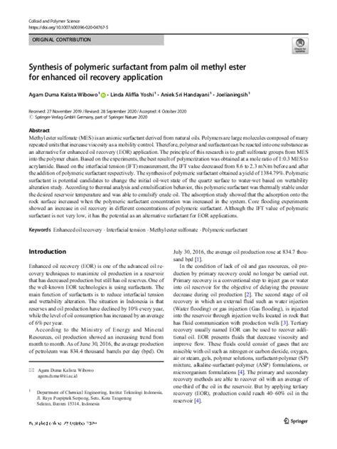 Pdf Synthesis Of Polymeric Surfactant From Palm Oil Methyl Ester For Enhanced Oil Recovery