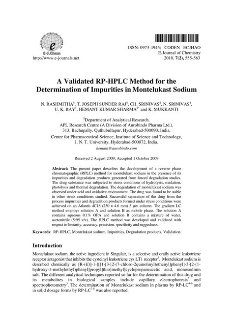 PDF A Validated RP HPLC Method For TheDetermination Of Impurities In Montelukast Sodium