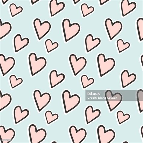 파란색 배경에 귀여운 핑크 하트와 손으로 그린 원활한 패턴 생일 아기 방 인사말 카드 초대장 벽지 포장지 포장에 대한 Сolorful 낙서 벡터 그림 0명에 대한 스톡 벡터