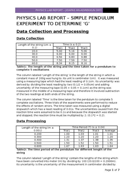Ib Physics Lab Report Simple Pendulum Pdf Pendulum Observational Error