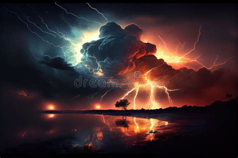 Dramatic Thunderstorm With Lightning Illuminating The Night Sky And