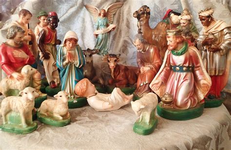 Vintage Antique Nativity Manger Creche Plaster Chalkware Tall