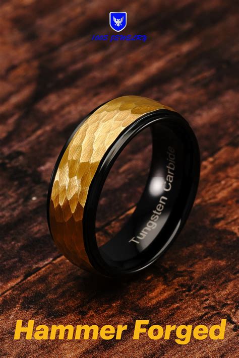 Mens Tungsten Carbide Wedding Band Ring Hammer Forged Two Tone Gold