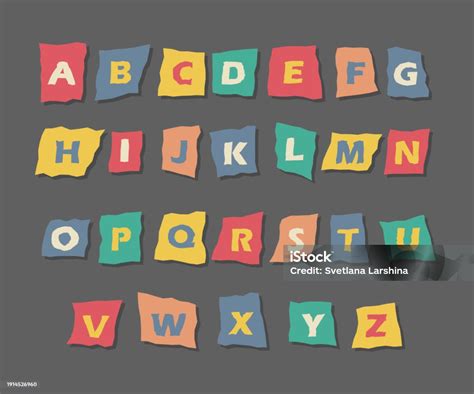 콜라주 신문 알파벳입니다 신문과 잡지에서 잘라낸 범죄 편지 익명 또는 탐정 글꼴입니다 복고풍 스타일의 벡터 일러스트 레이 션 개체 그룹에 대한 스톡 벡터 아트 및 기타