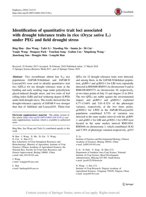 Identification Of Quantitative Trait Loci Associated With Drought