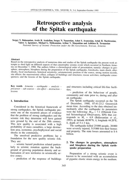 Pdf Retrospective Analysis Of The Spitak Earthquake