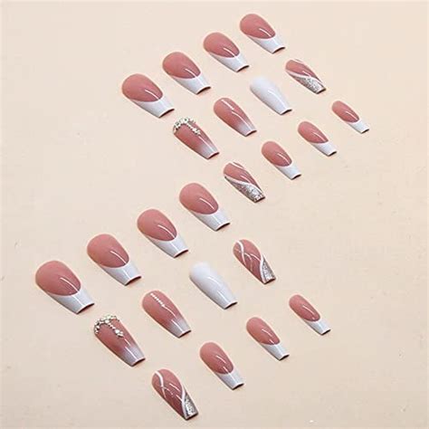 Shnwu French Tip Press On Nails Medium Coffin Fake Nails With Luxury