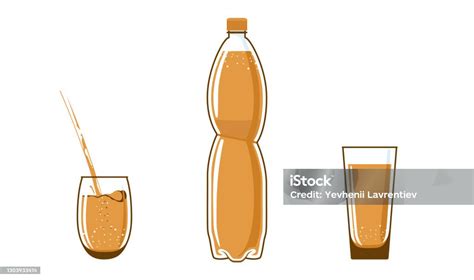 15 2 리터 병 플라스틱 물 플라스크 오렌지 액체로 채워져 있습니다 전체 안경은 근처에 서 있습니다 물은 한 컵에 붓습니다 가득 찬에 대한 스톡 벡터 아트 및 기타 이미지