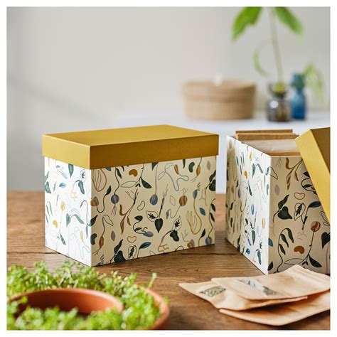 Daksjus Box With Lid Set Of 2 Sprout Patterned Off White Yellow Brown
