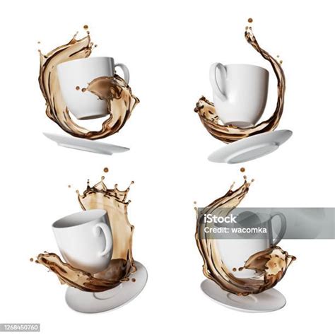 3d 렌더 갈색 액체 의 티 또는 커피 음료 관점 보기 세트와 빈 흰색 컵 흰색 배경에 고립 부양 개념 갈색에 대한 스톡 사진 및 기타 이미지 Istock
