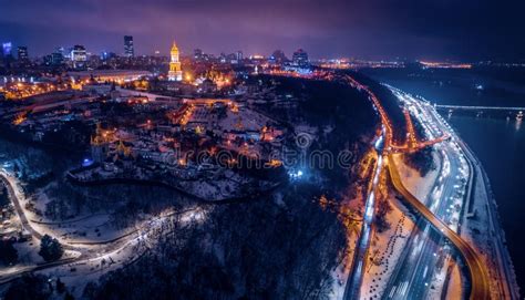 Spectacular Nighttime Skyline Of A Big City At Night Kiev Ukraine