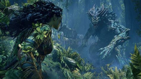 Epic Battle Of A Female Warrior In Plant Patterned Armor Vs Forest
