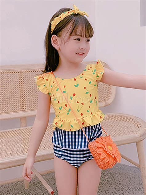 Girls Swimsuits Golden Plaid Cascading Ruffles Jewel Neck Sleeveless