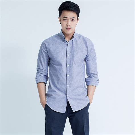 Mr 591 เสื้อเชิ้ตผู้ชายแขนยาว ผ้าอ๊อกฟอร์ด สียีนส์น้ำเงินม่วง Mr Maker