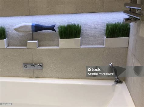 흰색 욕조 조명 현대 대형 베이지 색 직사각형 돌 타일 크롬 사다리 수건 라디에이터 화장실 벽 숨겨진 숨겨진 조명 나무 물고기 해변 테마 인공 잔디 식물과 현대 흰색 고급