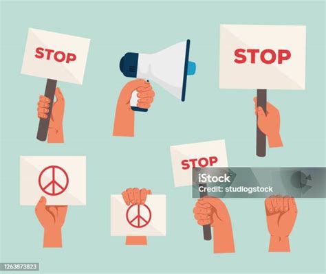 設置手的圖示與標語牌和擴音器抗議向量圖形及更多人圖片 人 人手 人權 Istock