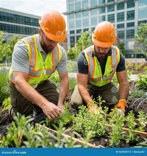 Landscapers And Construction Workers Planting Green Roof Garden In