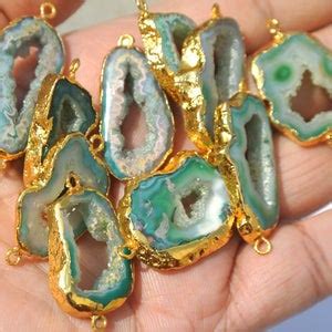 10pcs 24kt Gold Electroplated Edge Green Druzy Agate Geode Slice