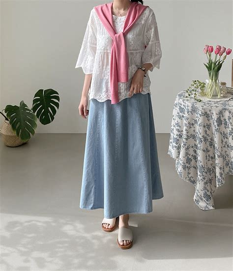 네츄럴모모 플레어 데님 밴딩 롱스커트2c