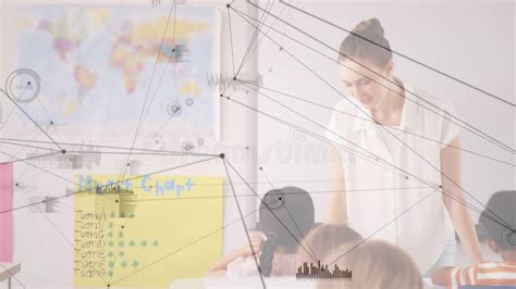 Animation Of Digital Screen Over Class Of Diverse Teacher And Pupils At School Stock Footage