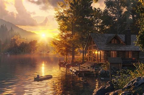 Premium Photo Golden Hour At A Picturesque Lakeside Cabin Octane