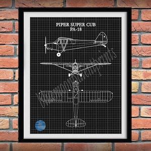 Piper Super Cub PA 18 Drawing Piper Cub Poster Piper Cub Blueprint Aviation Decor Pilot
