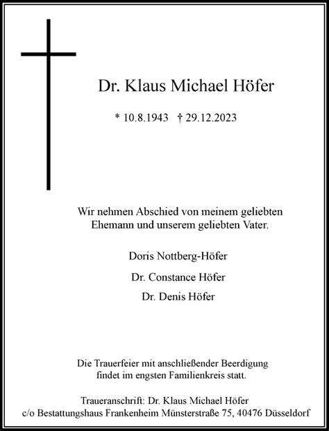 Alle Traueranzeigen Für Klaus Michael Höfer Trauerrp Onlinede