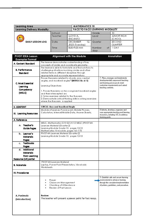 Dlp Circle Lesson Plan Learning Area Mathematics 10 Learning