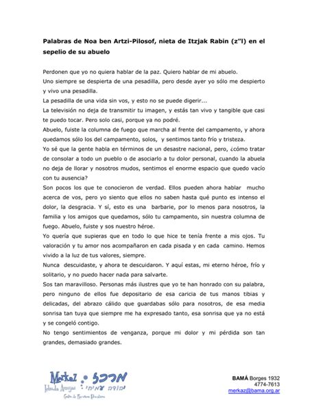 Palabras De Noa Ben Artzi Pilosof Nieta De Itzjak Rabin Z”l En El
